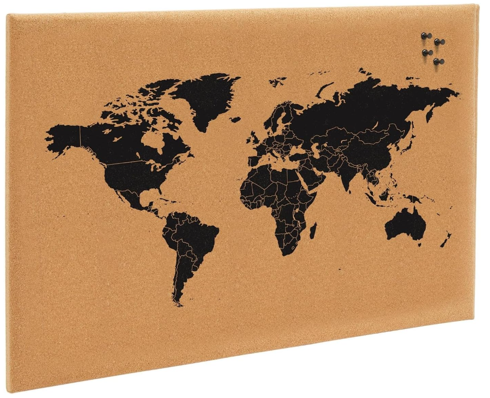World Map Bulletin Memo Cork board World Map Design with Push Pins for ...